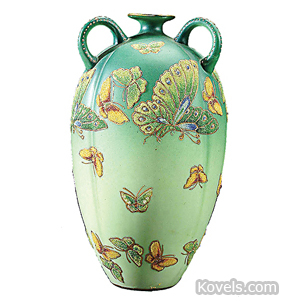 Japanese Coralene, Vase, 35 Butterflies, Glass Beads, Satin Ground, C ...