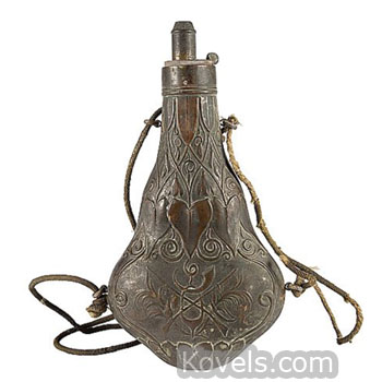Powder Flasks, Copper, Crossed Rifles, Vines, Leaves, Violin Shape ...