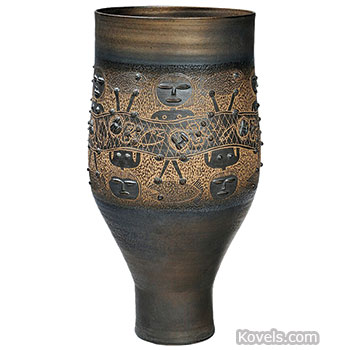 Scheier, Vase, Brown Glaze, Incised Pre-Columbian Style Figures, Fish ...