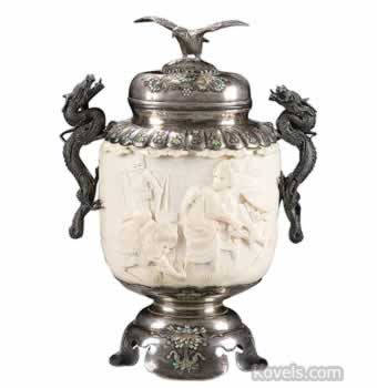 Silver-Japanese, Tea Urn, Ivory,Carved,Rice Growing,Enameled Silver ...